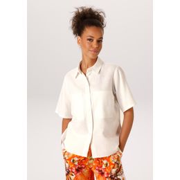 Kurzarmbluse Aniston CASUAL, Damen, Gr. 40, wei&szlig; (wollwei&szlig;), Web;Leinenmischung, Obermaterial: 55% Leinen, 45% Viskose, unifarben, figurumspielend h&uuml;ftlang, Blusen, mit Leinen