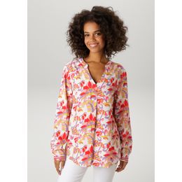 Schlupfbluse Aniston CASUAL, Damen, Gr. 46, wei&szlig;, rosa, rot, senf, lila, Web, Obermaterial: 100% Viskose, bedruckt, gebl&uuml;mt, l&auml;ssig geschnitten Po-bedeckend, V-Ausschnitt, 1-Knopf-Manschette, Blusen Schlupfbluse, mit grafischen Blumendruck - jedes Teil ein Unikat