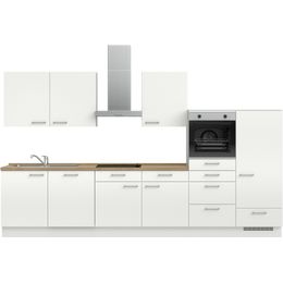 K&uuml;chenzeile Nobilia "Laser I", NEU: individuell anpassbar mit gratis Profi-Beratung", wei&szlig; (k&uuml;che: wei&szlig;, korpus: alpinwei&szlig;, arbeitsplatte: eiche havanna nachbildung), B:360,3cm H:216,6cm T:60cm, Komplettk&uuml;chen-Sets, K&uuml;chenzeile, vormontiert, 360 cm breit, optional mit verschiedenen E‑Ger&auml;te-Sets