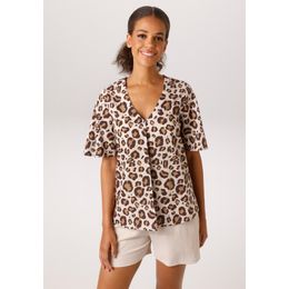 Schlupfbluse Aniston CASUAL, Damen, Gr. 46, ecru, dunkelbraun, beige, Web, Obermaterial: 100% Baumwolle, bedruckt, gemustert, figurumspielend h&uuml;ftlang, V-Ausschnitt, weit, Blusen Schlupfbluse, im farbharmonischen Leoprint - jedes Teil ein Unikat