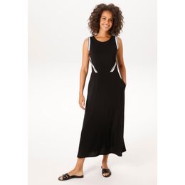 Sommerkleid Aniston CASUAL, Damen, Gr. 38, N-Gr, schwarz, wei&szlig;, Jersey, Obermaterial: 95% Polyester, 5% Elasthan, kontrastfarbene Details, unifarben mit Farbeinsatz, figurumspielend wadenlang, Rundhals, Kleider Sommerkleid, mit gestreiften Tapes verziertem Oberteil, Topseller