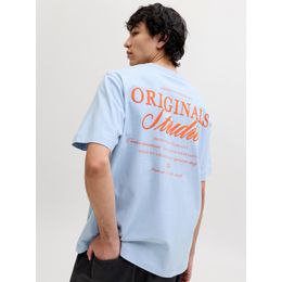 Jack & Jones Rundhalsshirt JACK & JONES "JORNORREBRO TYPO TEE SS CREW NECK NOOS", Herren, Gr. XXL, cashmere blau print:ss 26, Jersey, Obermaterial: 100% Baumwolle, bedruckt, relaxed fit normal, Rundhals, Shirts Rundhalsshirt, Baumwolle, relaxed fit