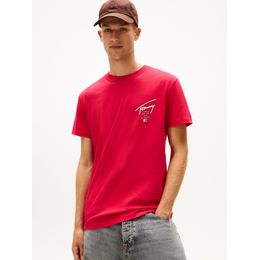 T-Shirt Tommy Jeans "TJM SIGN CITY TEE EXT", Herren, Gr. L, bohemian rose, Single Jersey, Obermaterial: 100% Baumwolle, regular fit h&uuml;ftbedeckend, Rundhals, Shirts T-Shirt, Rundhals, regular fit, gro&szlig;er R&uuml;ckenprint
