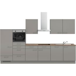 K&uuml;chenzeile Nobilia "Laser I", NEU: individuell anpassbar mit gratis Profi-Beratung", grau (k&uuml;che: grau, korpus: taupegrau, arbeitsplatte: eiche havanna nachbildung), B:360,3cm H:216,6cm T:60cm, Komplettk&uuml;chen-Sets, K&uuml;chenzeile, vormontiert, 360 cm breit, optional mit verschiedenen E‑Ger&auml;te-Sets
