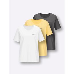 Fledermausshirt Catamaran "Dreierpack Shirts", Damen, Gr. 36/38, zitrone, wei&szlig;, anthrazit, 95% Baumwolle, 5% Elasthan, gemustert, gestreift, unifarben, Rundhals, Shirts Fledermausshirt