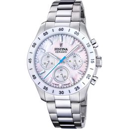 Chronograph Festina "Ceramic", silber (silberfarben, perlmuttfarben), Armbanduhren, Damen, Chronograph, Quarzuhr, Armbanduhr, Damen, Herren, Edelstahlarmband, Keramikl&uuml;nette