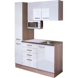 Pantryk&uuml;che Flex-Well "Florenz", wei&szlig; (k&uuml;che: wei&szlig;, front: hochglanz wei&szlig;, korpus: sonoma eiche, arbeitsplatte:,,), B:130cm H:200cm T:60cm, Komplettk&uuml;chen-Sets, Gesamtbreite 130 cm, mit Apothekerschrank und Mikrowelle, viele Farben