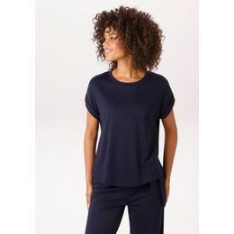 T-Shirt Aniston CASUAL, Damen, Gr. 40, blau (marine), Single Jersey, Obermaterial: 65% Viskose, 35% Polyester, unifarben, l&auml;ssig geschnitten h&uuml;ftlang, Rundhals, Umschlagbund, Shirts T-Shirt, mit fixiertem &Auml;rmel-Umschlag