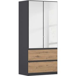 Dreht&uuml;renschrank Rauch "Kleiderschrank Schrank Garderobe COSTA in den Breiten 91/136/181 cm", grau (graumetallic, eiche artisan, eingriffe graumetallic), B:91cm H:197cm T:54cm, Holzwerkstoff, Schr&auml;nke, Dreht&uuml;renschrank, mit Spiegel, grifflose Front und Push-to-Open Funktion MADE IN GERMANY