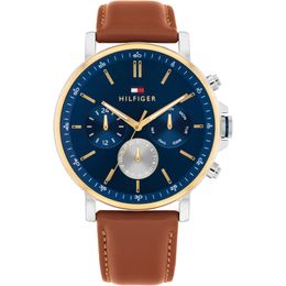 Multifunktionsuhr Tommy Hilfiger "TYSON", cognacfarben, blau, Armbanduhren, Herren, Quarzuhr, Armbanduhr, Herrenuhr, Lederarmband, analog