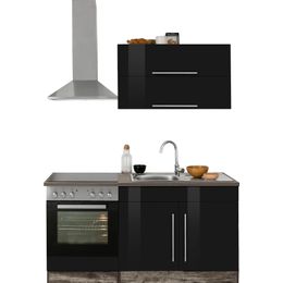 Pantryk&uuml;che KOCHSTATION "KS-Samos", schwarz (k&uuml;che: schwarz, front: schwarz hochglanz, korpus: eiche vintage, arbeitsplatte: eiche vintage), B:160cm H:200cm T:60cm, Komplettk&uuml;chen-Sets, Breite 160 cm, wahlweise mit E-Ger&auml;ten und Glaskeramikkochfeld