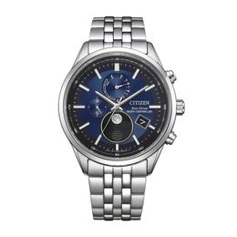 Funkuhr Citizen "Funkuhren Mondphase", silberfarben, blau, Armbanduhren, Herren, Funkuhr, Quarzuhr, Armbanduhr, Herrenuhr, Edelstahlarmband, analog, Big Date