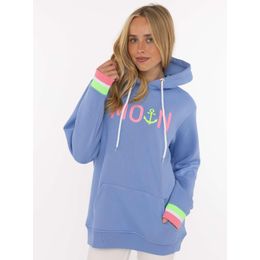 Hoodie Zwillingsherz "Rahel", Damen, Gr. L, blau, Obermaterial: 50% Baumwolle, 50% Polyester, bedruckt, unifarben, h&uuml;ftbedeckend, ohne Ausschnitt, Rippb&uuml;ndchen kontrastfarben, Sweatshirts Hoodie, mit "MOIN" und Anker Stickerei, kontrastfarbigen &Auml;rmelb&uuml;ndchen