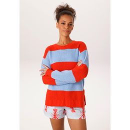Strickpullover Aniston CASUAL, Damen, Gr. 34, orangerot, t&uuml;rkis, Grobstrick, Obermaterial: 100% Polyacryl, geringelt, gestreift, oversize h&uuml;ftlang, Rundhals, Strickb&uuml;ndchen, Pullover Strickpullover, im Colorblocking mit breiten Streifen