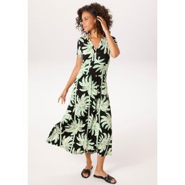 Sommerkleid Aniston CASUAL, Damen, Gr. 44, N-Gr, schwarz (schwarz, wollwei&szlig;, smaragdgr&uuml;n), Single Jersey, Obermaterial: 95% Viskose, 5% Elasthan, bedruckt, figurumspielend wadenlang, V-Ausschnitt, Kleider Sommerkleid, mit gro&szlig;fl&auml;chigen, grafischen Palmen bedruckt
