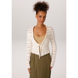 Aniston CASUAL Damen Strickjackewollwei&szlig;, Gr. 40, unifarben, Strick, Obermaterial: 100% Baumwolle, Strickjacken, im trendigen Ajour-Muster-Mix