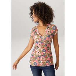 T-Shirt Aniston CASUAL, Damen, Gr. 42, pink, jeansblau, wollwei&szlig;, gr&uuml;n, oliv, gelb, rosa, braun, sand, Single Jersey, Obermaterial: 95% Viskose, 5% Elasthan, bedruckt, gebl&uuml;mt, figurbetont h&uuml;ftlang, V-Ausschnitt, B&uuml;ndchen, Shirts T-Shirt, mit farbenfrohen Bl&uuml;ten bedruckt
