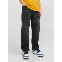 Jack & Jones Relax-fit-Jeans JACK & JONES JUNIOR "JJICHRIS bequem, pflegeleicht, mit Taschen", Jungen, Gr. 146, N-Gr, schwarz (schwarz denim), Denim/Jeans, Obermaterial: 100% Baumwolle, Abriebeffekte, relaxed fit kn&ouml;chellang, Jeans, Abriebeffekte, modisch, loose fit, Denim