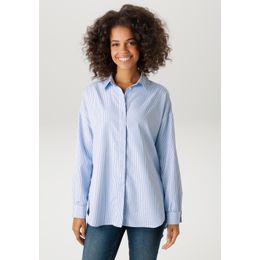 Hemdbluse Aniston CASUAL, Damen, Gr. 36, jeansblau, wei&szlig;, silberfarben, Web, Obermaterial: 75% Polyester, 25% Baumwolle, Glitzermuster, gestreift, l&auml;ssig geschnitten Po-bedeckend, 1-Knopf-Manschette, Blusen Hemdbluse, gestreift und mit Glitzersteinchen verziert