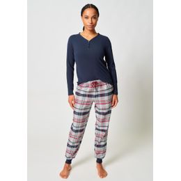 Pyjama Skiny "Night In Skiny Flanell", Damen, Gr. 36, blau (navy blazer), Flanell, Obermaterial: 95% Baumwolle, 5% Elasthan. Obermaterial Hose: 100% Baumwolle, unifarben, bequem lang, V-Ausschnitt, Homewear-Sets Pyjama, elastischer Bund, Bindeband, Oberteil mit Kn&ouml;pfen, lang&auml;rmelig