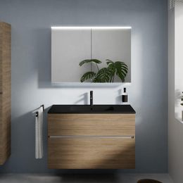 evineo ineo5 evo Unterschrank B: 100 cm mit 2 Ausz&uuml;gen, Slim-Waschtisch schwarz matt, mit ineo5 evo Spiegelschrank CH,,