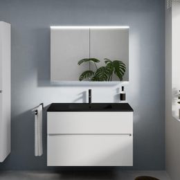 evineo ineo5 evo Unterschrank B: 100 cm mit 2 Ausz&uuml;gen, Slim-Waschtisch schwarz matt, mit ineo5 evo Spiegelschrank,,