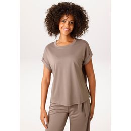 T-Shirt Aniston CASUAL, Damen, Gr. 36, braun (taupe), Single Jersey, Obermaterial: 65% Viskose, 35% Polyester, unifarben, l&auml;ssig geschnitten h&uuml;ftlang, Rundhals, Umschlagbund, Shirts T-Shirt, mit fixiertem &Auml;rmel-Umschlag