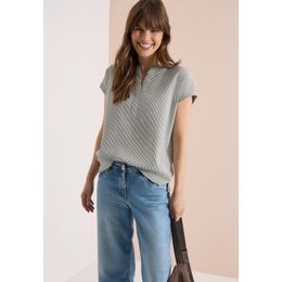 Kurzarmbluse Cecil, Damen, Gr. L (42), khaki, Web, 75% Baumwolle, 25% Modal, gestreift, klassisch normal, Rundhals, abgesteppt, Blusen, mit geschlitztem Rundhalsausschnitt