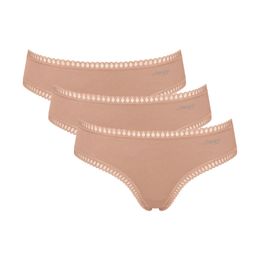 Hipster Sloggi "GO Crush Hipster C3P", Damen, Gr. L, beige (cameo braun), Single Jersey, Obermaterial: 95% Baumwolle, 5% Elasthan, k&ouml;rpernah, Unterhosen, mit Spitzendetails