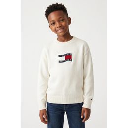 Strickpullover Tommy Hilfiger "WAVY FLAG SWEATER LS", Jungen, Gr. 10 (140), wei&szlig; (ivory silk), Strick, Obermaterial: 100% Baumwolle, unifarben, normal, Rundhals, Rippstrickb&uuml;ndchen, Pullover Strickpullover, Kinder bis 16 Jahre, Rundhals
