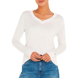 V-Ausschnitt-Pullover Tommy Hilfiger "CO JERSEY STITCH V-NK SWEATER", Damen, Gr. M (38), beige (ecru), Strick, Obermaterial: 67% Baumwolle, 33% Polyamid, unifarben, Basic normal, V-Ausschnitt, B&uuml;ndchen, Pullover, Kontrastfarbene Streifen im Ausschnitt und Logo Stickerei am &Auml;rmel