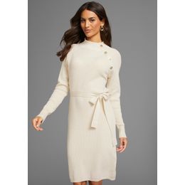 Strickkleid Laura Scott, Damen, Gr. 36, N-Gr, beige (sand, melange), Strick, Obermaterial: 50% Viskose, 26% Polyamid, 24% Polyester, clean, unifarben, figurbetont mini, hoch geschlossener Ausschnitt, Raglan&auml;rmel mit Schlitz, Kleider Strickkleid, mit Knopfdetail und Bindeg&uuml;rtel
