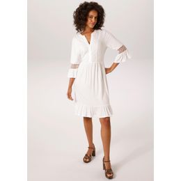 Tunikakleid Aniston CASUAL, Damen, Gr. 42, N-Gr, wollwei&szlig;, Single Jersey, Obermaterial: 95% Viskose, 5% Elasthan, unifarben, figurumspielend kniefrei, V-Ausschnitt, Volant, Kleider, mit H&auml;kelspitze vertiertes Vorderteil und &Auml;rmel