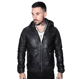 L&auml;ssige Herren-Bomberjacke aus Leder mit Kapuze &ndash; Odesa