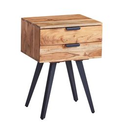 FineBuy Nachtk&auml;stchen Akazie Massivholz Nachttisch 2 Schubladen Nachtkommode Industrial