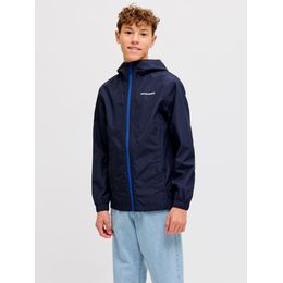 Jack & Jones Regenjacke JACK & JONES JUNIOR "JJEFLYNN RAIN JACKET SN JNR", Jungen, Gr. 152, navy blazer detail:surf the web zipper, Web, Obermaterial: 100% Polyester, unifarben mit Farbeinsatz, regular fit normal, elastischer Bund, Jacken Regenjacke