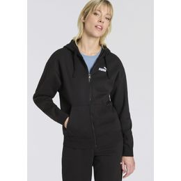 Kapuzensweatshirt Puma "ESS SMALL NO. 1 LOGO COMFORT FULL-ZIP HOODIE FL", Damen, Gr. M, schwarz (Puma schwarz), Fleece, Obermaterial: 66% Baumwolle, 34% Polyester, unifarben, comfort fit normal, Sweatshirts, mit K&auml;ngurutasche, mit verstellbarer Kapuze, sportlicher Stil