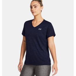 Trainingsshirt Under Armour "TECH SSV- TWIST", Damen, Gr. S, midnight navy,, wei&szlig;, Obermaterial: 100% Polyester, normal, V-Ausschnitt, Shirts, Kurzarm, atmungsaktiv, schnell trocknend, mit V-Ausschnitt