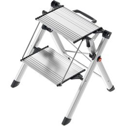 Trittleiter Hailo "MK80 ComfortLine", grau (aluminiumfarben, schwarz), B:46cm H:60cm L:6,5cm, Aluminium, Leitern, 2-stufig, Aluminium