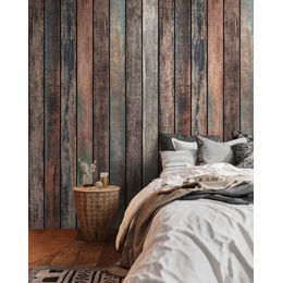 Livingwalls Fototapete LIVING WALLS "THE WALL III" Used-Look-Tapete, Motivtapete, Holzoptik", bunt (bunt, braun, blau), B:1,59m L:2,8m, Vlies, Tapeten, Vliestapete "Holzbretter" f&uuml;r Schlafzimmer, K&uuml;che, Wohnzimmer