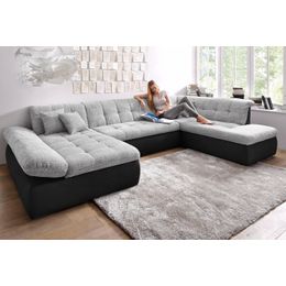 Wohnlandschaft DOMO collection "MORIC 353x216x80 cm, mit viel Platz, U-Form, auch in Cord", silber (schwarz, silber), B:353cm H:80cm T:216cm, Microfaser PRIMABELLE / Struktur (90% Polyester/ 10% Polyacryl);Kunstleder SOFTLUX / Struktur (90% Polyester/ 10% Polyacryl), Sofas, Wohnlandschaft, im XXL-Format, wahlweise mit Bettfunktion und Armlehnenverstellung