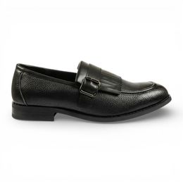 Schwarze Herren-Slipper aus Kunstleder mit Fransen und Monk-Strap-Verschluss