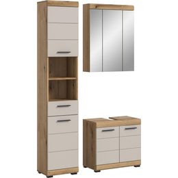 Badm&ouml;bel-Set Welltime "SIENA, 3 teilig, bestehend aus:", evoke oak nachbildung, kaschmir matt, B:112cm H:191cm T:34cm, Holzwerkstoff, MDF, Kastenm&ouml;bel-Sets, Badm&ouml;bel-Set, Hochschrank, Waschbeckenunterschrank, Spiegelschrank