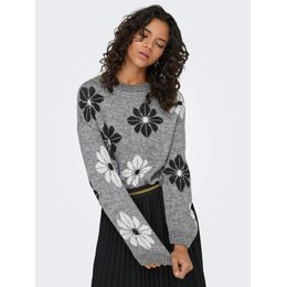Rundhalspullover Only "ONLFREESIA LS FLOWER O-NECK RP KNT", Damen, Gr. M, medium grau melange pattern:flowers, schwarz, cloud dancer, Strick, Obermaterial: 80% Polyacryl, 20% Polyester, gemustert, regular fit normal, Rundhals, Pullover Rundhalspullover, mit Bl&uuml;mchen - Strickmuster