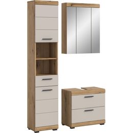 Badm&ouml;bel-Set Welltime "SIENA, 3 teilig, bestehend aus:", evoke oak nachbildung, kaschmir matt, B:112cm H:191cm T:34cm, Holzwerkstoff, MDF, Kastenm&ouml;bel-Sets, Badm&ouml;bel-Set, Hochschrank, Waschbeckenunterschrank, Spiegelschrank