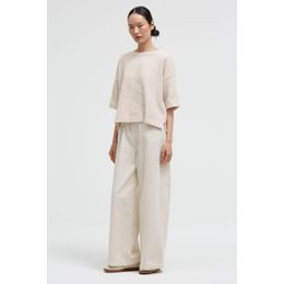 Sweater SENSES.THE LABEL, Damen, Gr. XL/XXL, beige (beige sense), Sweatware, Material: 80% Baumwolle, 16% Polyester, 4% Elasthan, gestreift, loose fit kurz, Rundhals, eingesetzt gerader Abschluss, Sweatshirts Sweater, mit &uuml;berschnittenen Schultern
