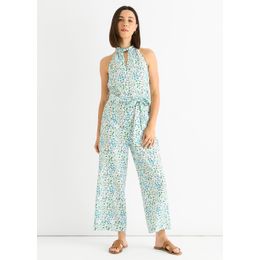 Blauer Jumpsuit mit Blumenmuster und Neckholder-Ausschnitt