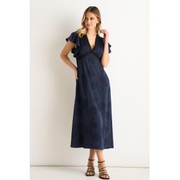 Midi-Kleid aus marineblauem Satin mit Jacquard-Muster und Spitzenbesatz