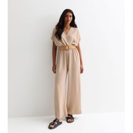 Beiger Jumpsuit mit kurzen &Auml;rmeln, elastischem Bund und G&uuml;rtel
