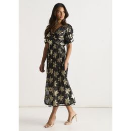 Schwarzes Wickelkleid mit Blumenmuster und Lurex-Akzenten